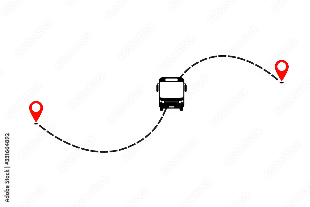 Bus line path of bus road route with start point GPS and black dash ...