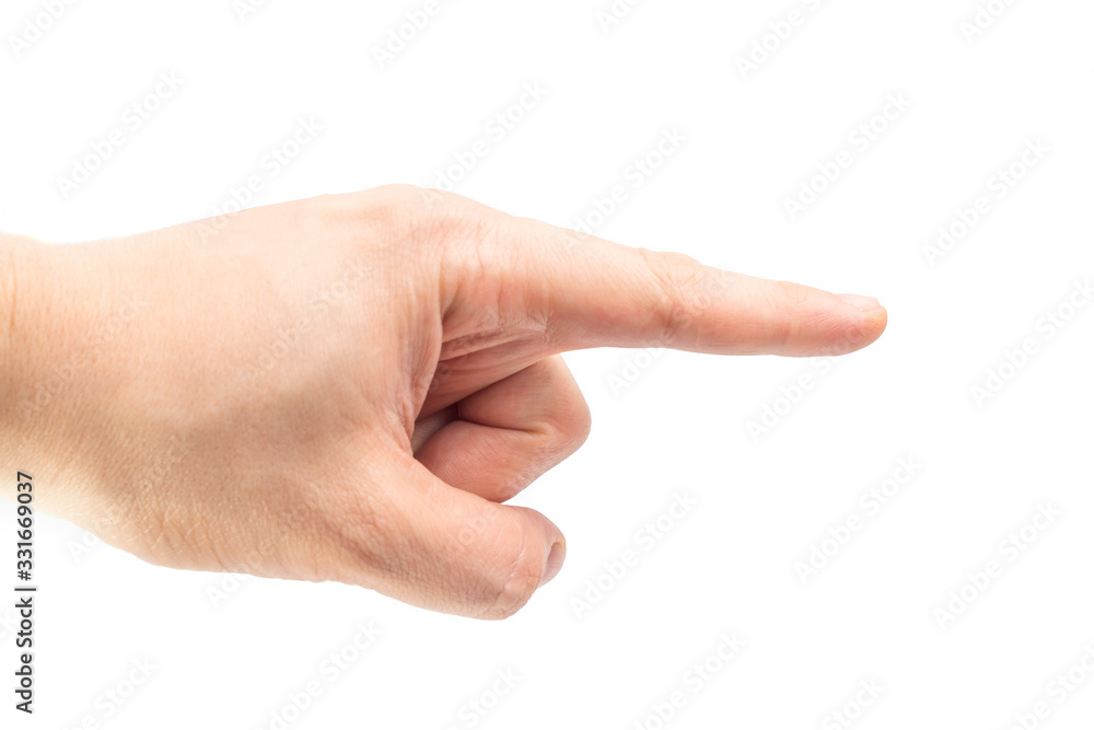 male hand points to the side with index finger on a white background ...