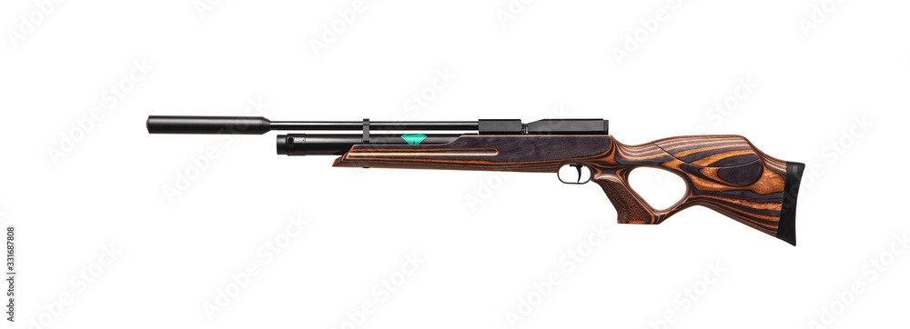 Pneumatic rifle isolated on white back. A rifle with a silencer and a ...