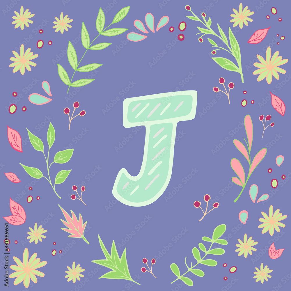 J letter. Handwritten english letter with stripes. Floral frame around ...