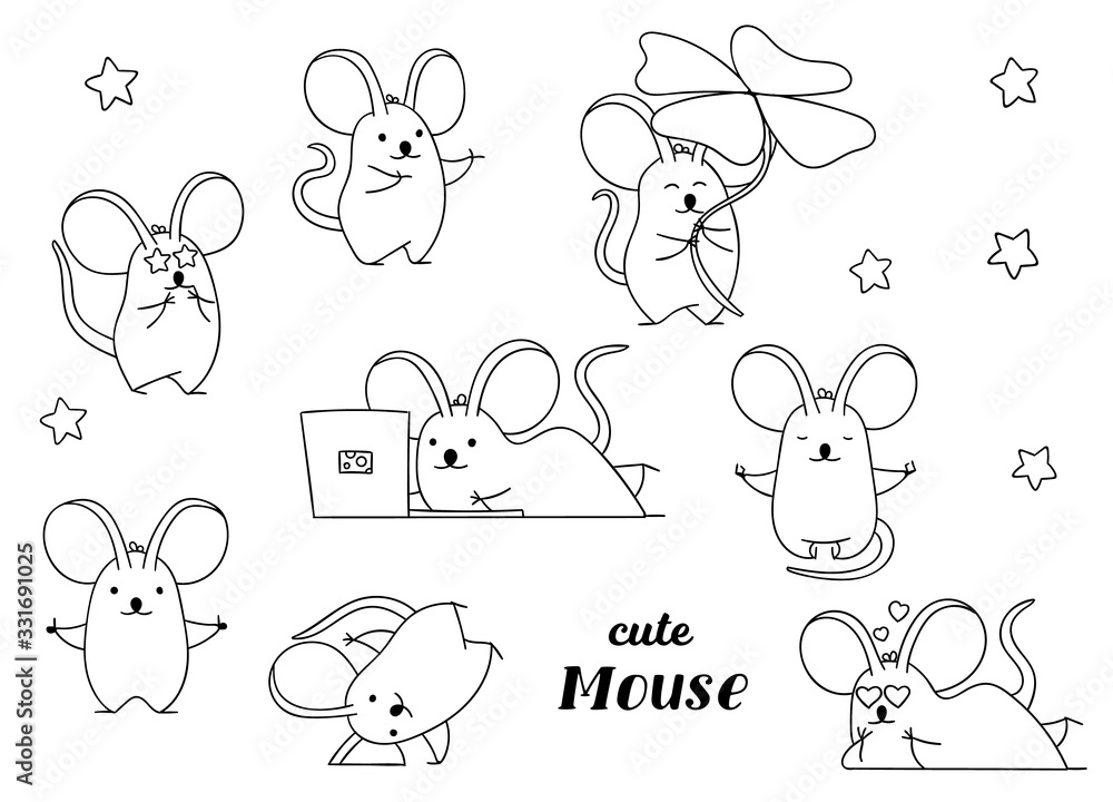 Coloring pages, black and white, set cute kawaii hand drawn mouse ...
