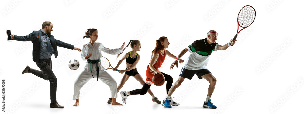 Young sportsmen running and jumping on white studio background. Concept ...