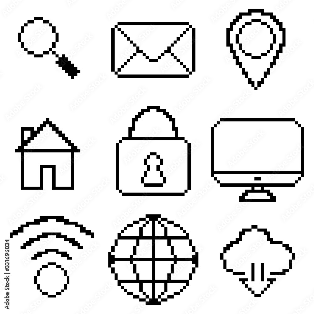 vector pixel art flat design black and white icon set of internet ...