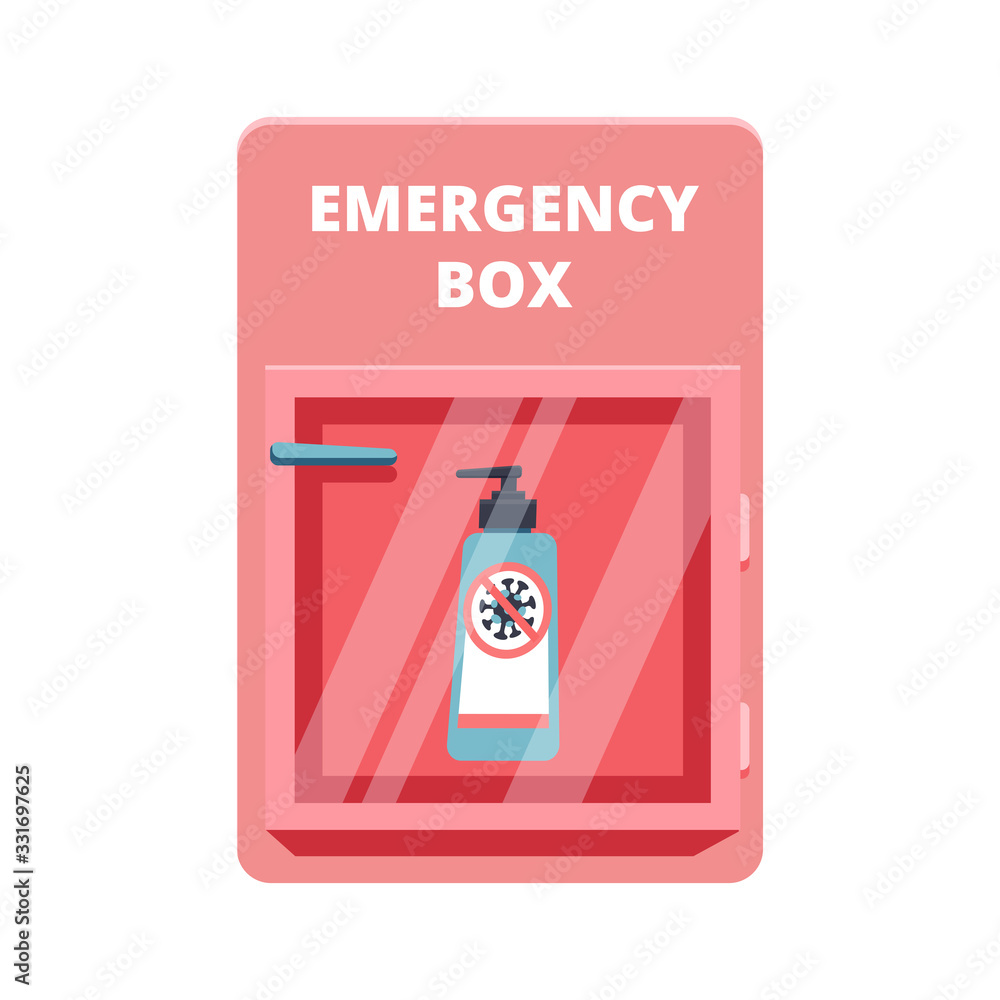 Emergency box with sanitized gel in red case of breakable glass ...