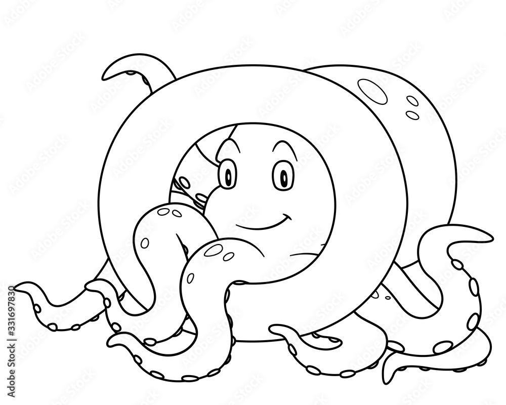 animal alphabet. capital letter O, Octopus. Raster illustration. For ...