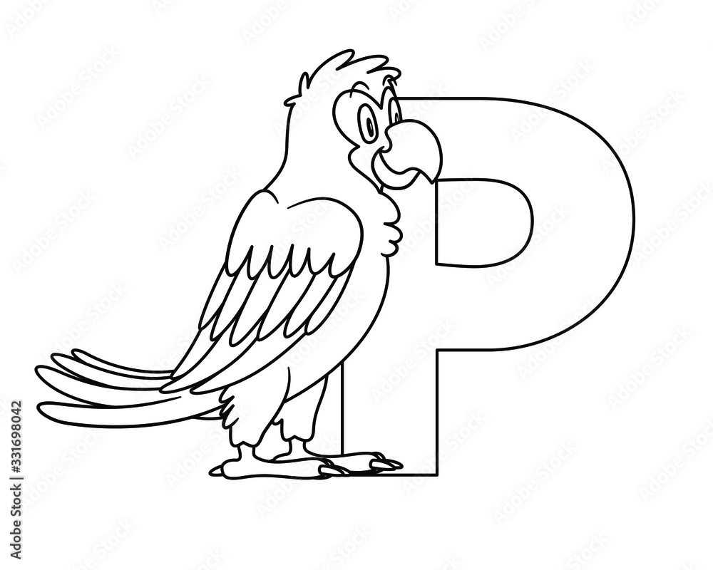 animal alphabet. capital letter P, Parrot. Vector illustration. For pre ...