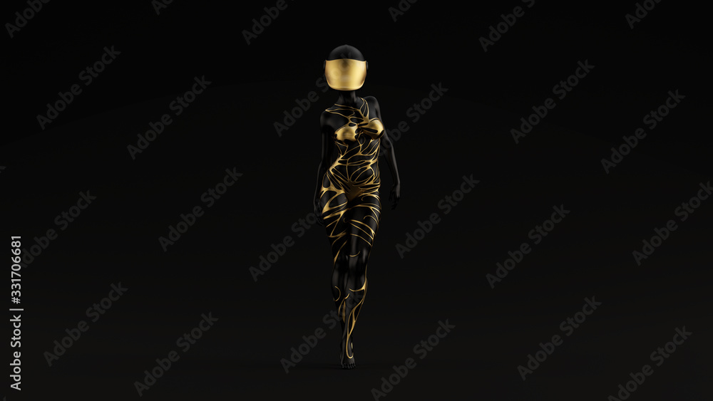 Black Gold Alien Witch with Space Crash Helmet Walking Front View Black ...