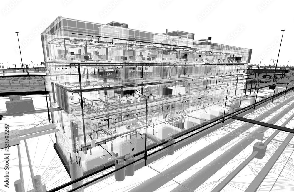 Digital image of a BIM model of an office building with transparent ...
