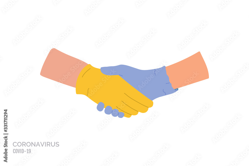 The handshake is protected with medical gloves. Precautions and ...