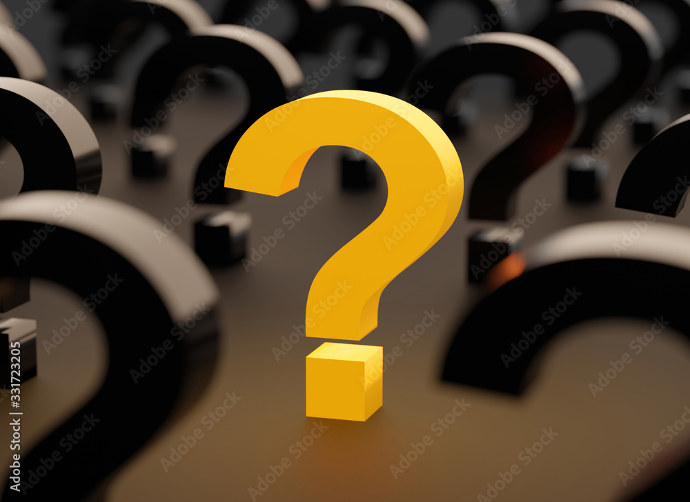 Yellow question mark between other questions. FAQ conceptual design 3D ...