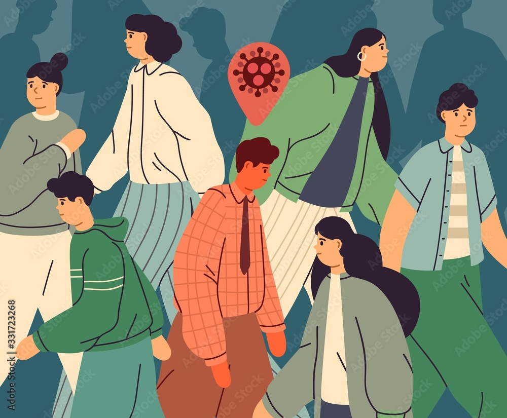 Infected person among healthy people. Crowd of men and women in the ...