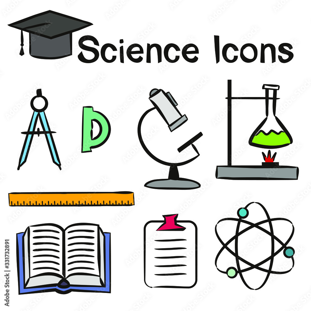 Set of hand-drawn icons on the theme of Science. Pictograms of an open ...