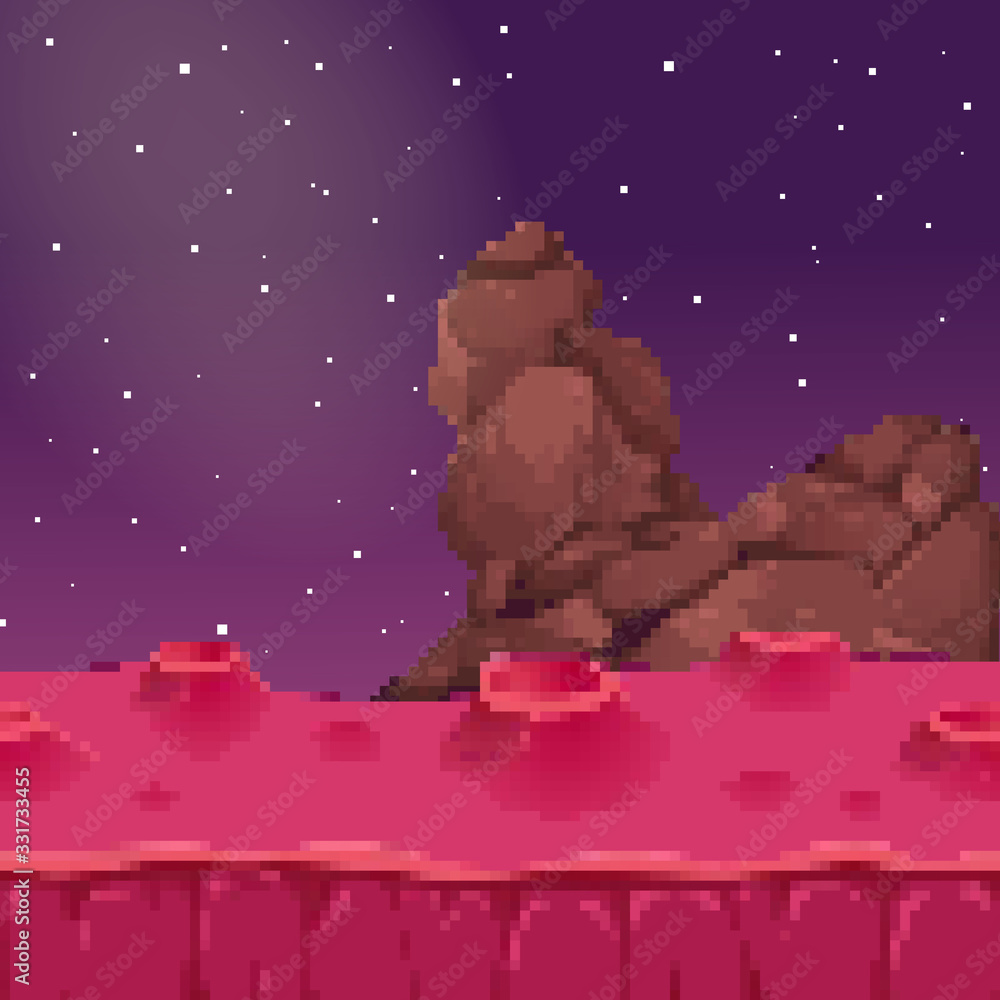 Pixel art space background. Location with mountains, planet and clouds ...