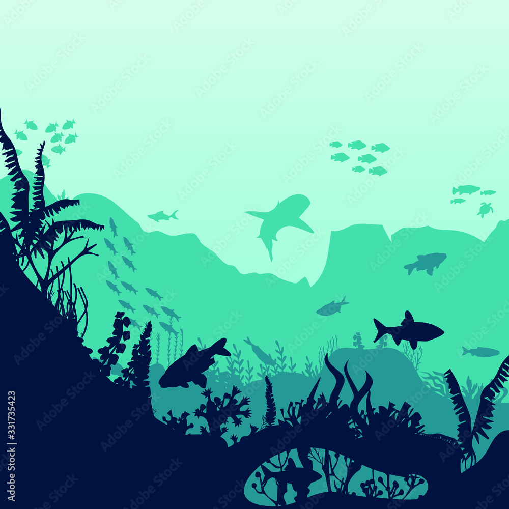 Silhouette of fish and algae on a reef background. Deep blue water ...