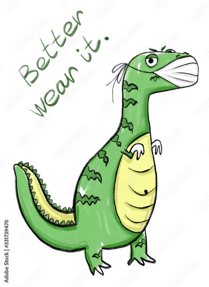 Hand drawn illustration of cartoon T-Rex dinosaur wearing the medical ...