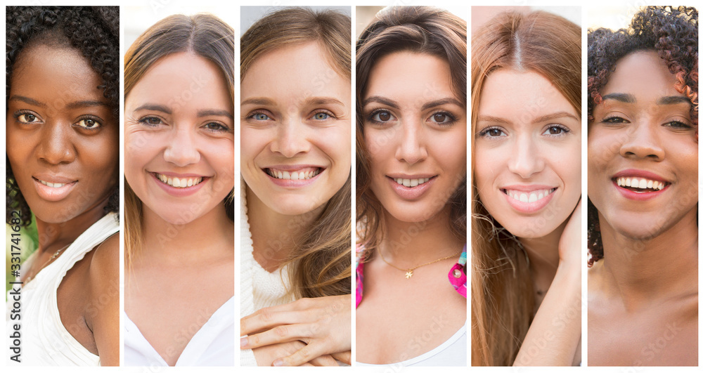 Happy beautiful diverse ladies portrait set. Smiling young women of ...