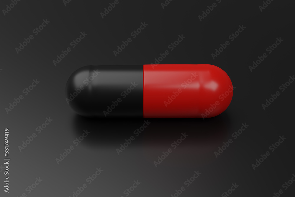 Realistic Red Black medical Capsule on drak background Medicne concept ...