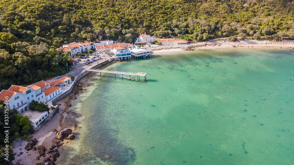 Aerial view of Portinho da Arrábida beach, in Setúbal, Portugal ...
