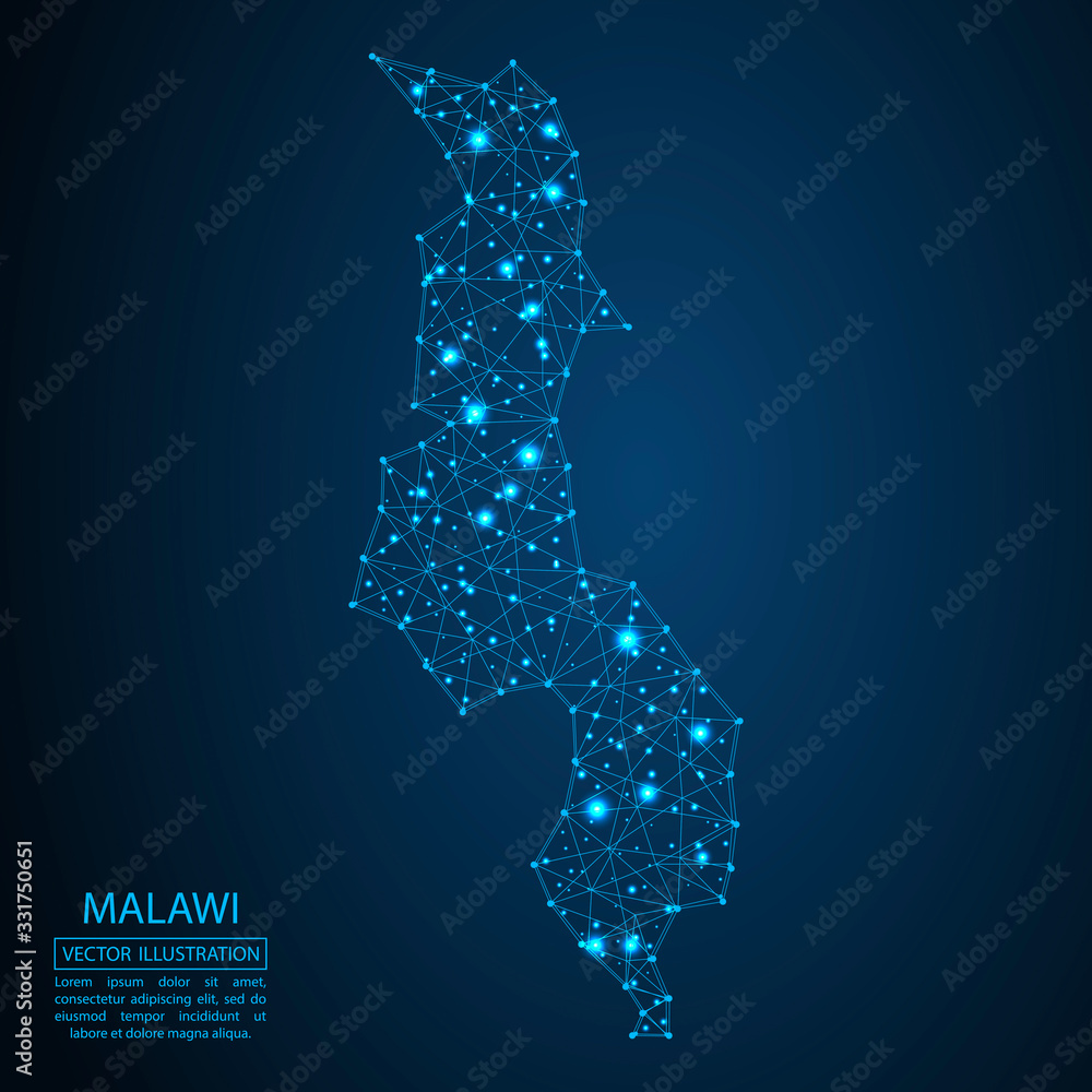A map of Malawi consisting of 3D triangles, lines, points, and ...
