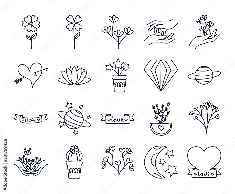 Flowers And Minimalist Tattoo Concept Icon Set Line Style Stock Vector