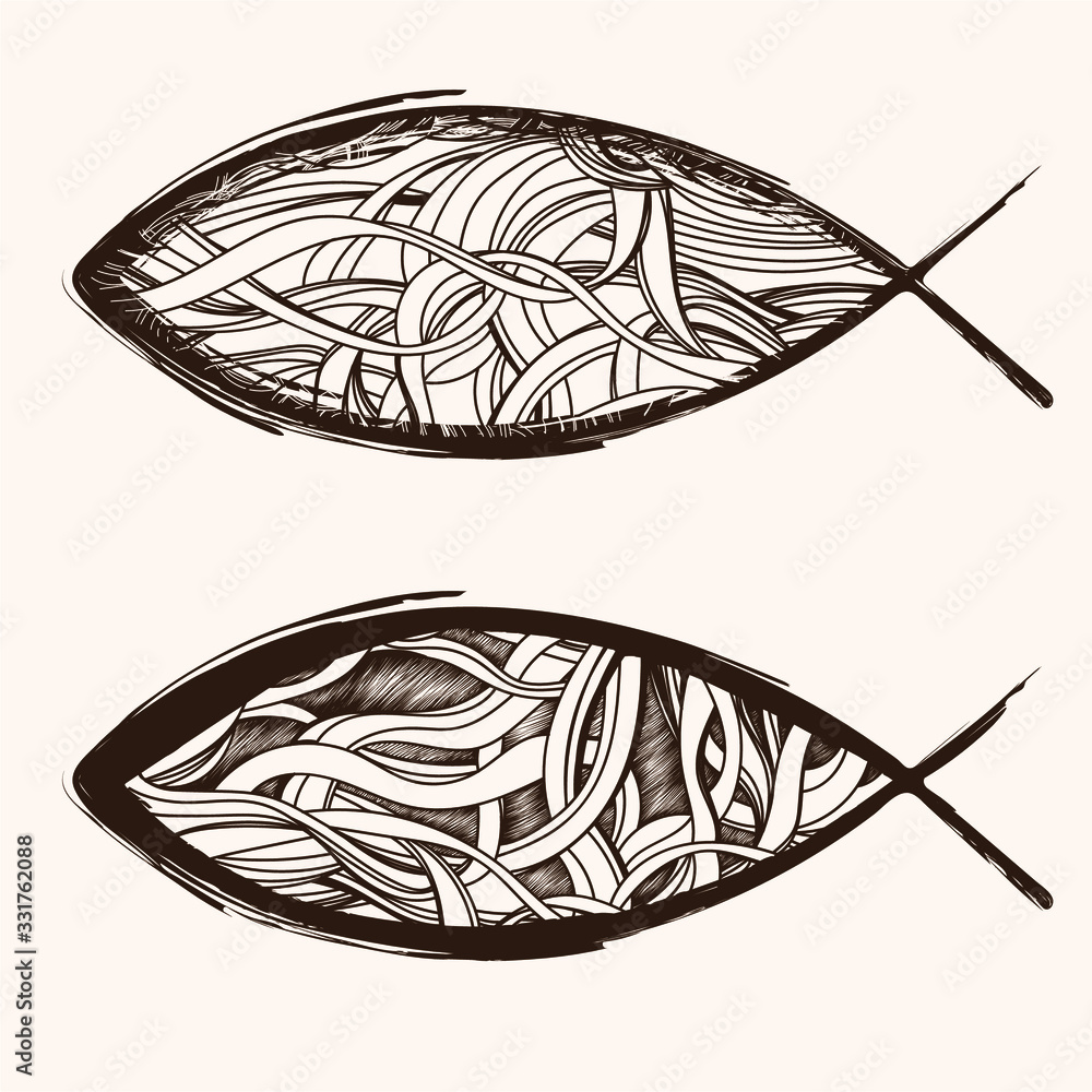 Artistic sketch of Jesus fish, christian logo, beige background with ...
