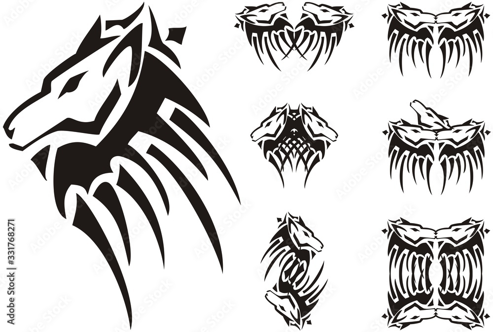 Wolf head and tribal wolf symbols on a white background. Wolf head ...