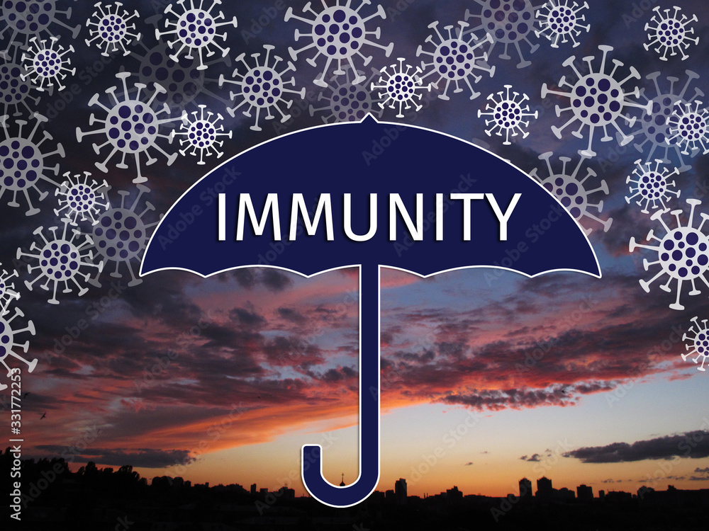 Stylized molecules of the coronavirus Covid fall like snow on the city ...