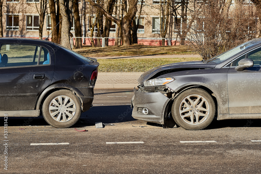 street lighting. City street, several cars were crashed into an ...