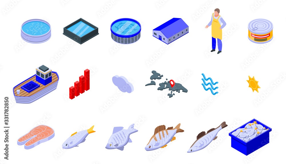 Fish farm icons set. Isometric set of fish farm vector icons for web ...