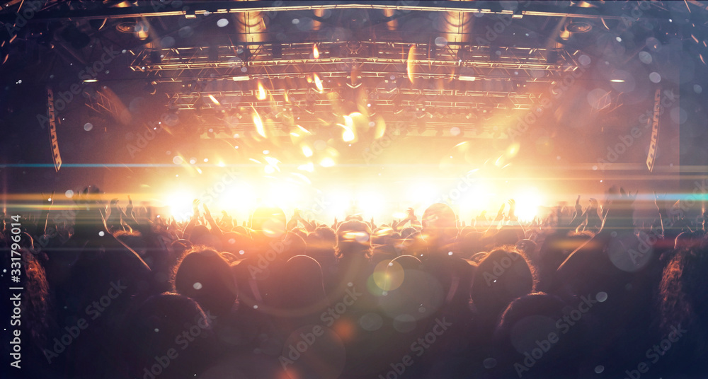 Concert crowd point of view inside a large concert hall during a music ...