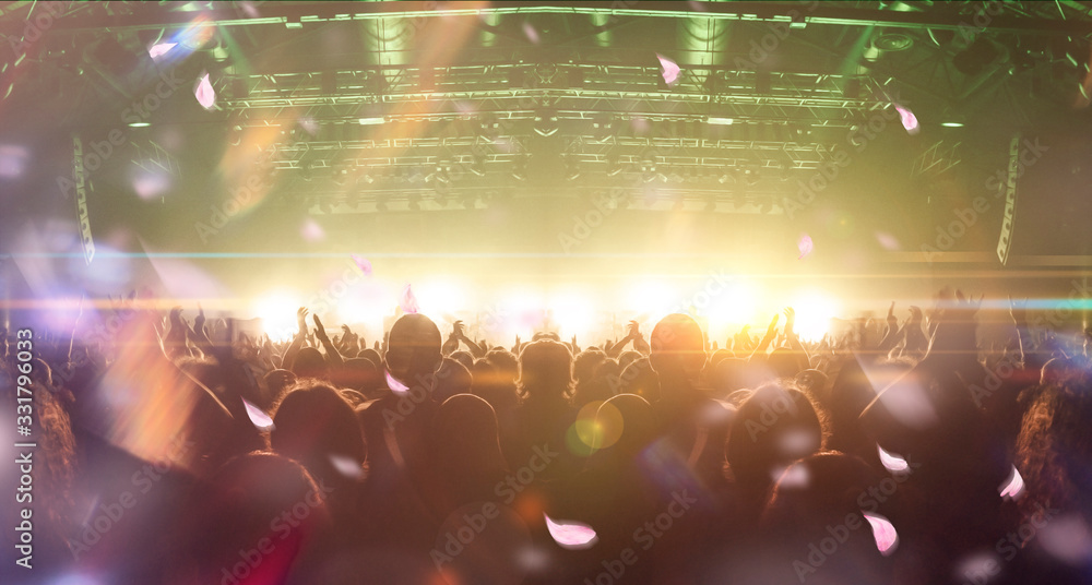Concert crowd point of view inside a large concert hall during a music ...