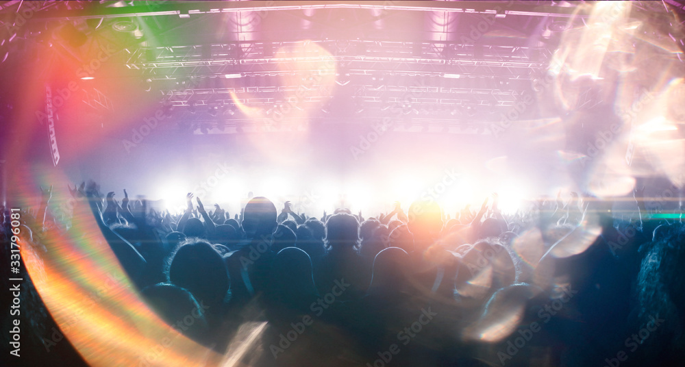 Concert crowd point of view inside a large concert hall during a music ...