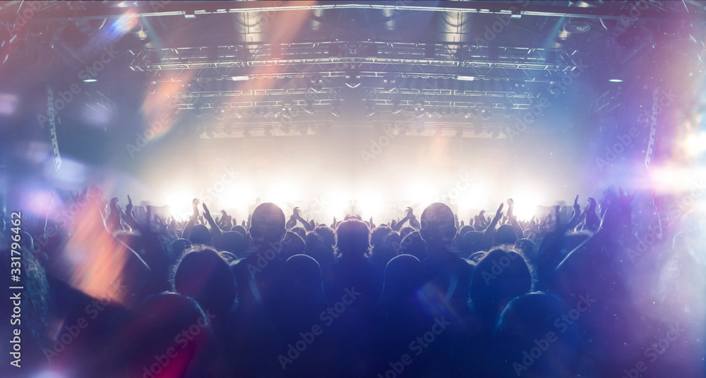 Concert crowd point of view inside a large concert hall during a music ...