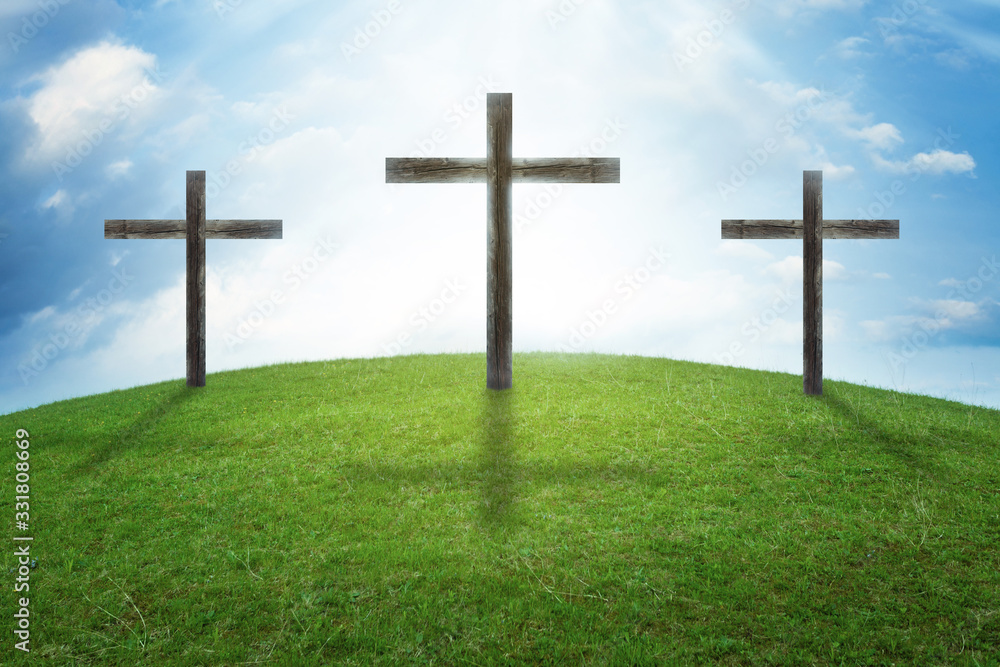 Three crosses on Golgotha hill, easter concept, death and resurrection ...