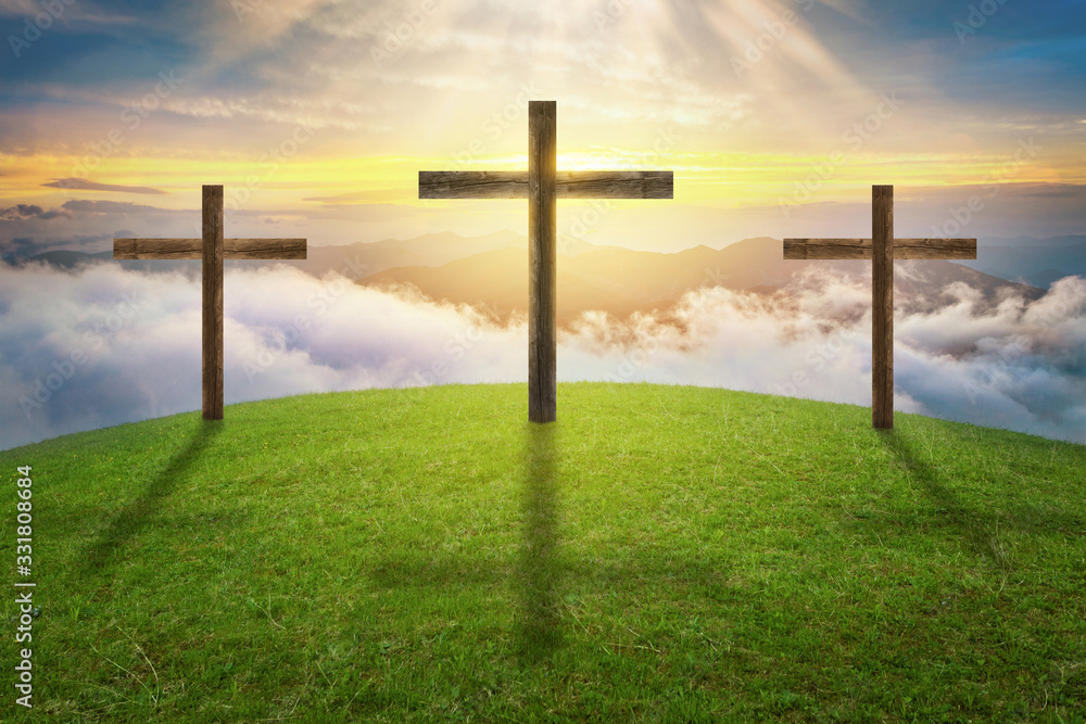 Three crosses on Golgotha hill, easter concept, death and resurrection ...