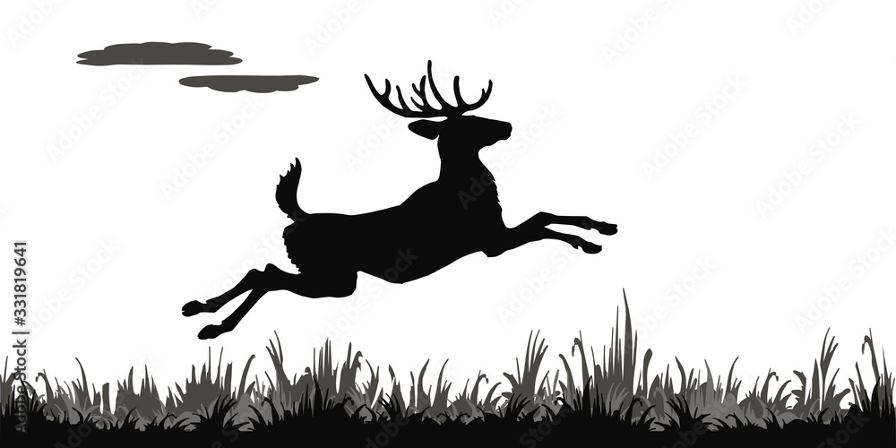 realistic black silhouette of a forest deer galloping across a field on ...