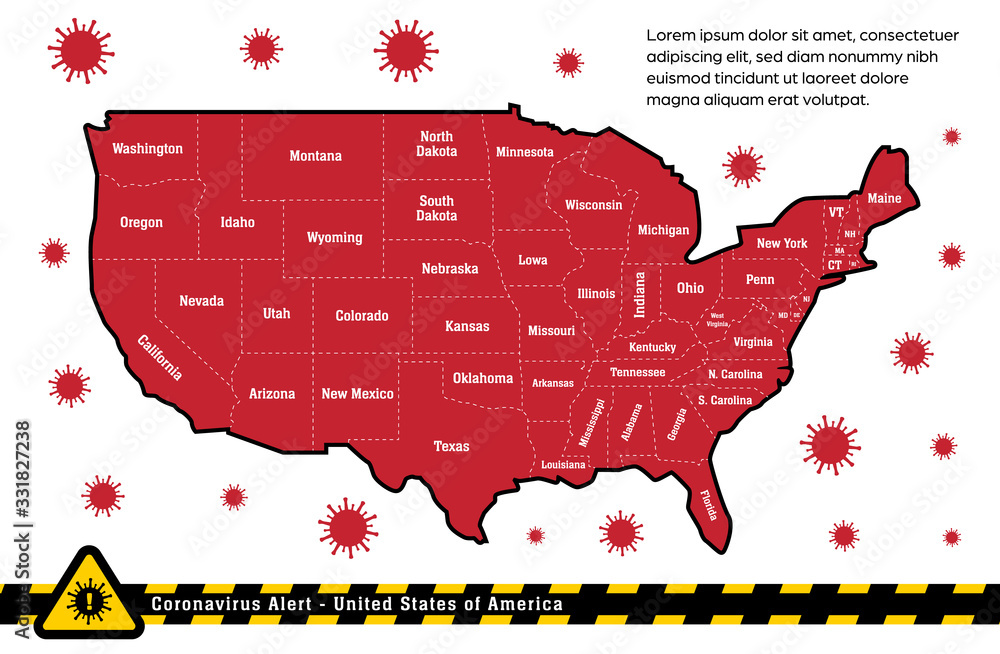 USA united states america corona alert warning map with political ...