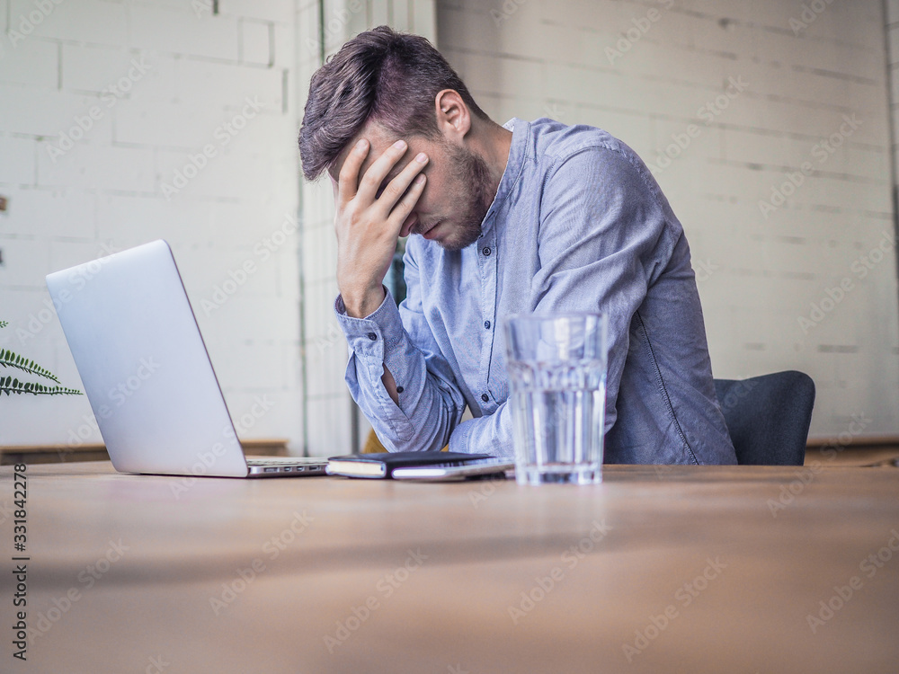 worried and disappointed remote online working man in casual outfit ...