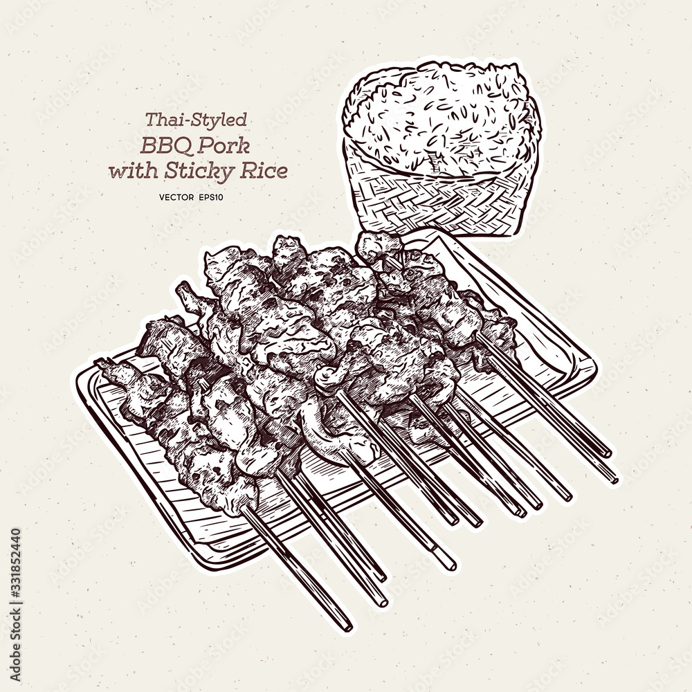 Grilled pork and sticky rice of thai street fast food style, hand draw ...