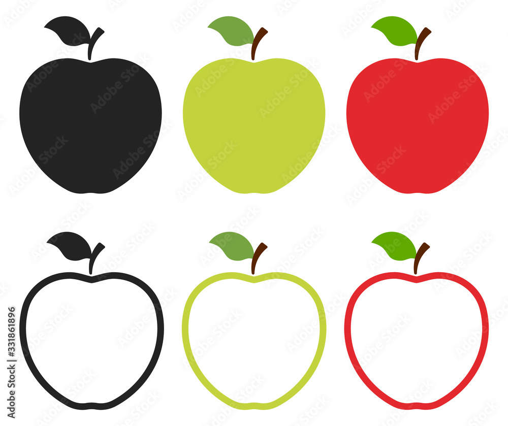 Set of apple icons. Black, green, red fill and outline apple logo ...