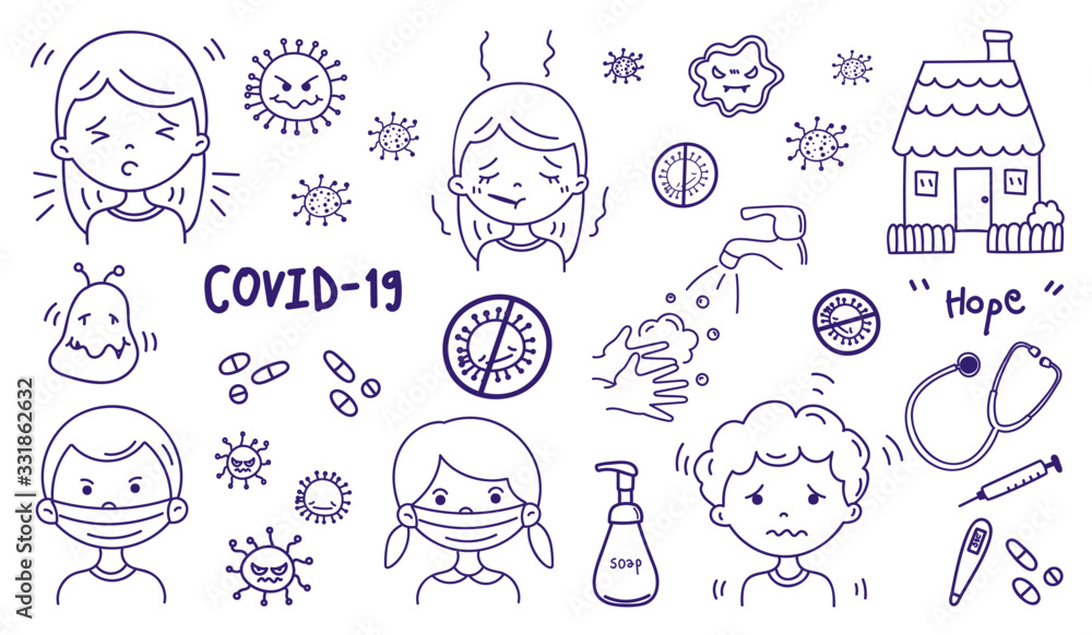 Coronavirus hand drawn icons, Cute health care doodle collection ...