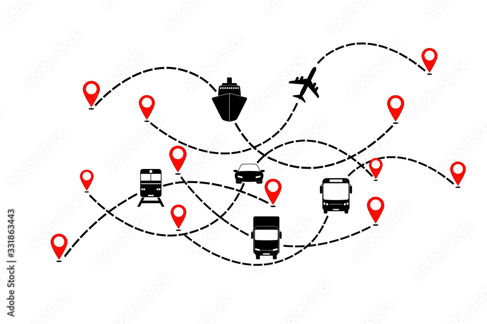 Line path of transportation route with start point GPS and black dash ...