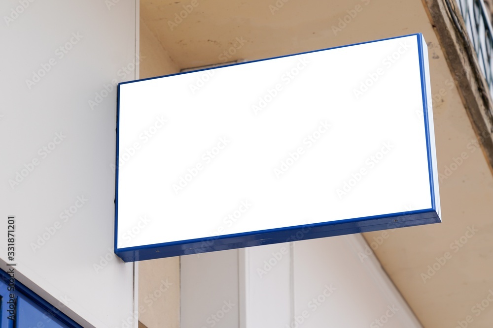 Square store signboard signage on shop wall with blank white sign mock ...
