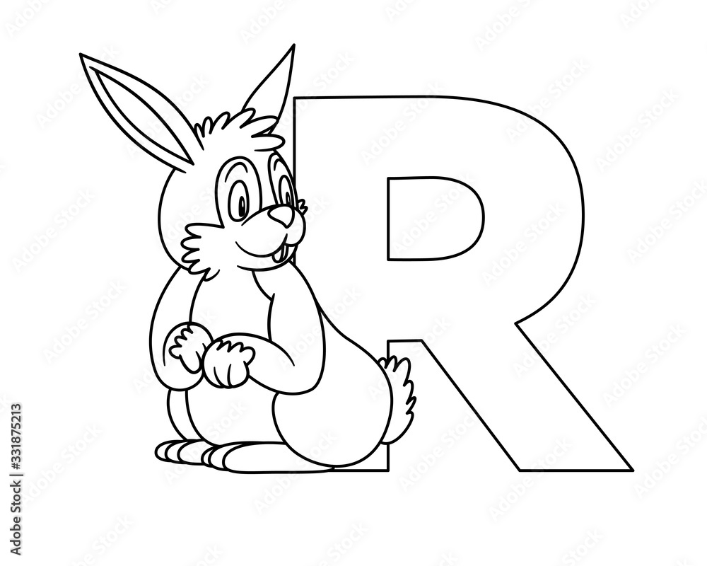 animal alphabet. capital letter R, Rabbit. Raster illustration. For pre ...