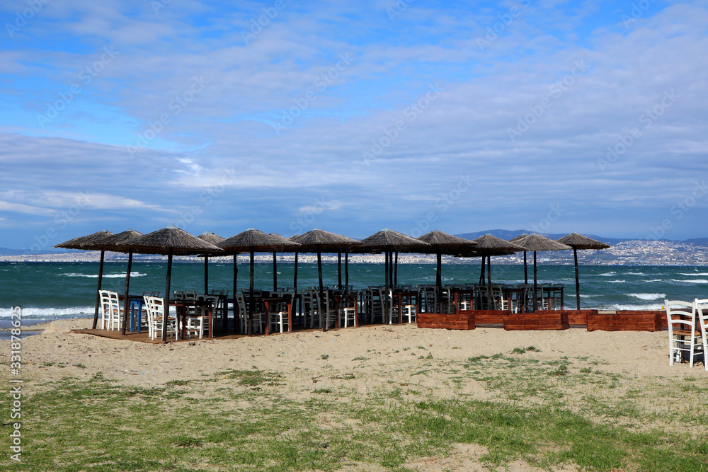 Restaurant on Peraia beach, Thessaloniki, Greece. View of Thermaikos ...