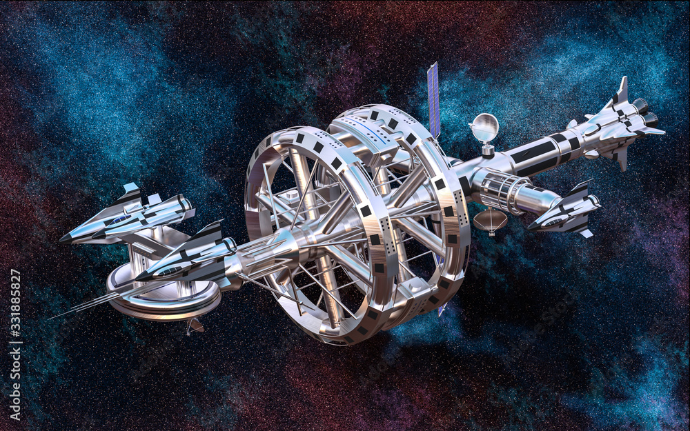 Realistic 3D illustration. Big futuristic spaceship traveling in the ...