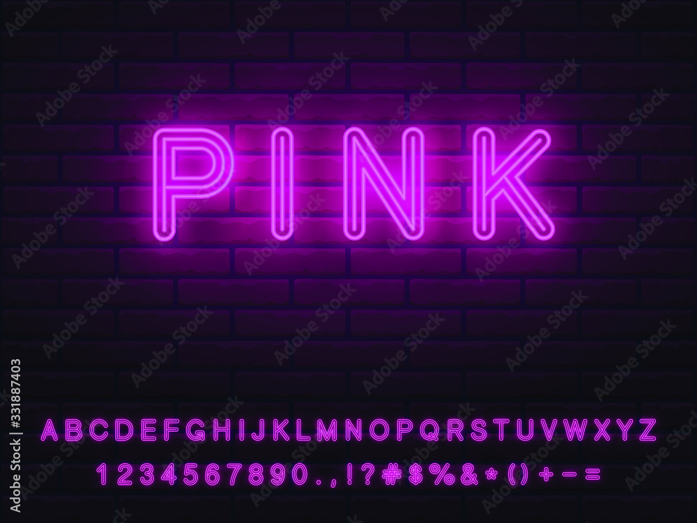 Realistic nice bright pink neon font set with transparent light on a ...