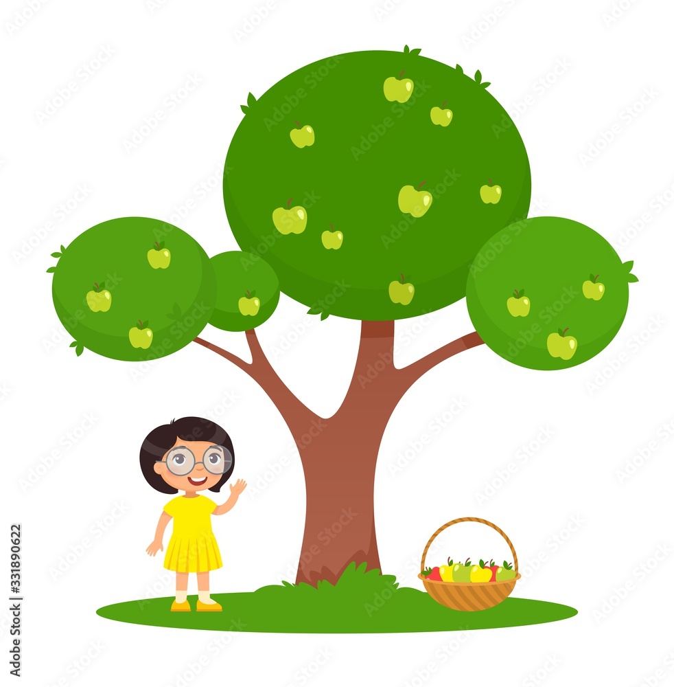 Little girl picking apples flat vector illustration. Adorable child ...