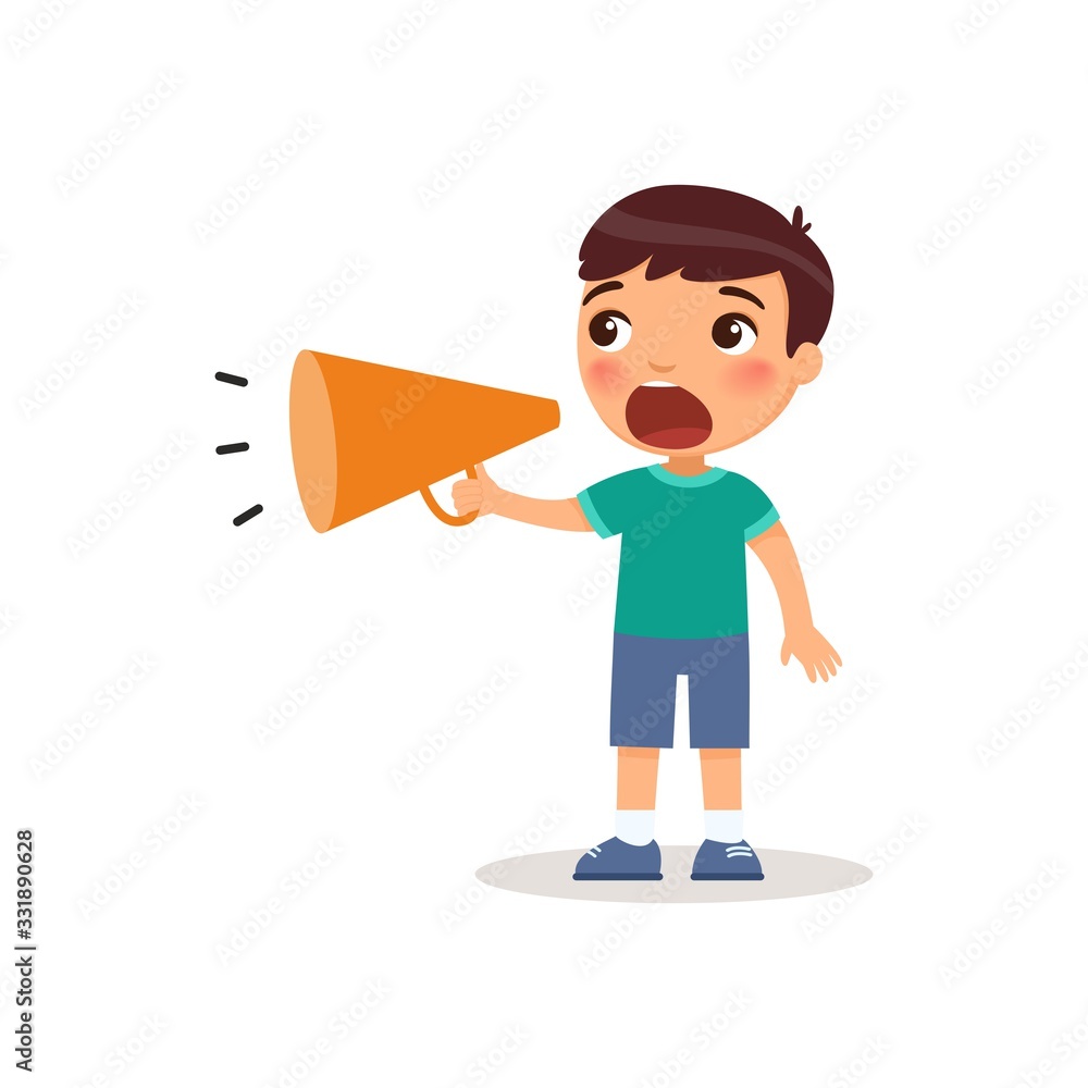 Adorable little boy shouting in megaphone flat vector illustration ...