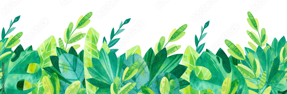 Tropical leaves seamless horizontal background. Jungle watercolor ...